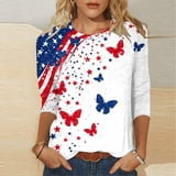 Womens Tshirts Round Neck 3/4 Sleeve Patriotic Graphic Tee Trendy ...