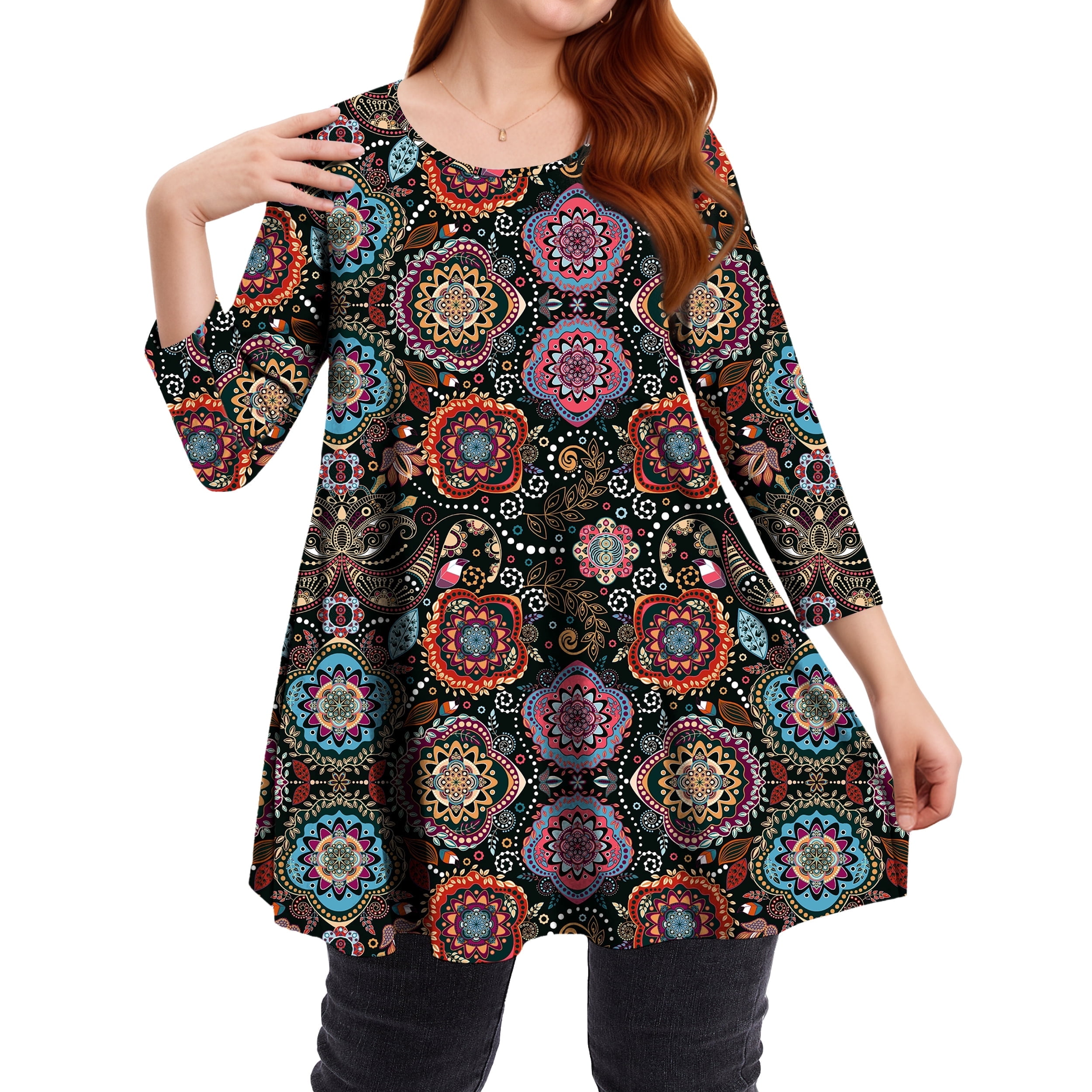 Sprinmer Womens Tunic Tops Casual 3/4 Sleeve Plus Size Tee Loose Fit ...