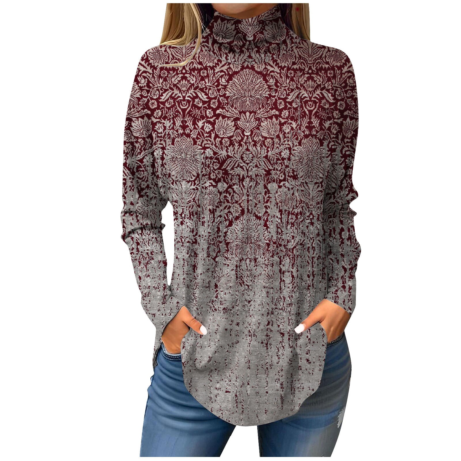 Womens Tunic Tops Long Sleeve With Collar Turtleneck Blouses Loose Fit ...