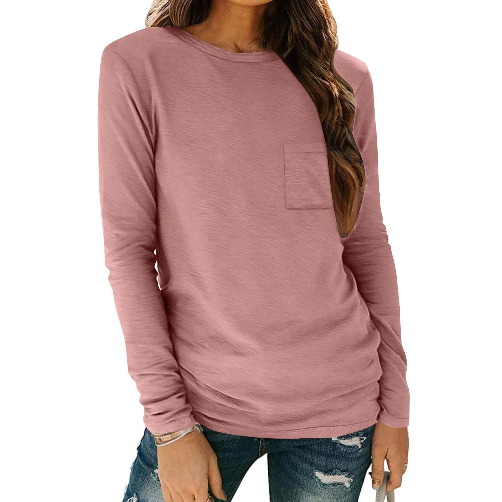 Womens Tunic Tops with Chest Pocket Long Sleeve Round Neck Cotton Tee ...