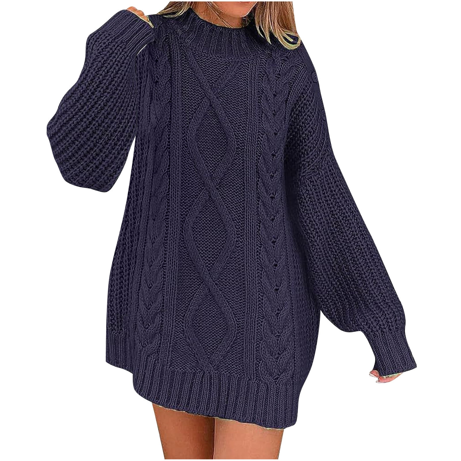 Womens Turtleneck Knit Sweater Mini Dress Button Long Sleeve Dress ...