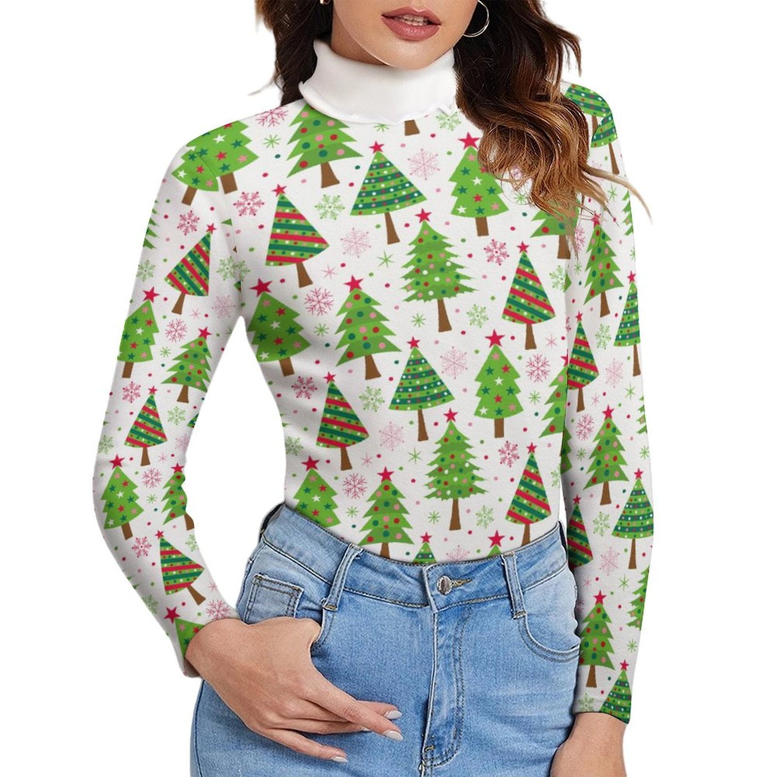 Womens Turtleneck Long Sleeve Shirts - Christmas Trees Comfy Mock ...