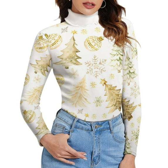 Womens Turtleneck Long Sleeve Shirts - Gold Christmas Tree Comfy Mock ...
