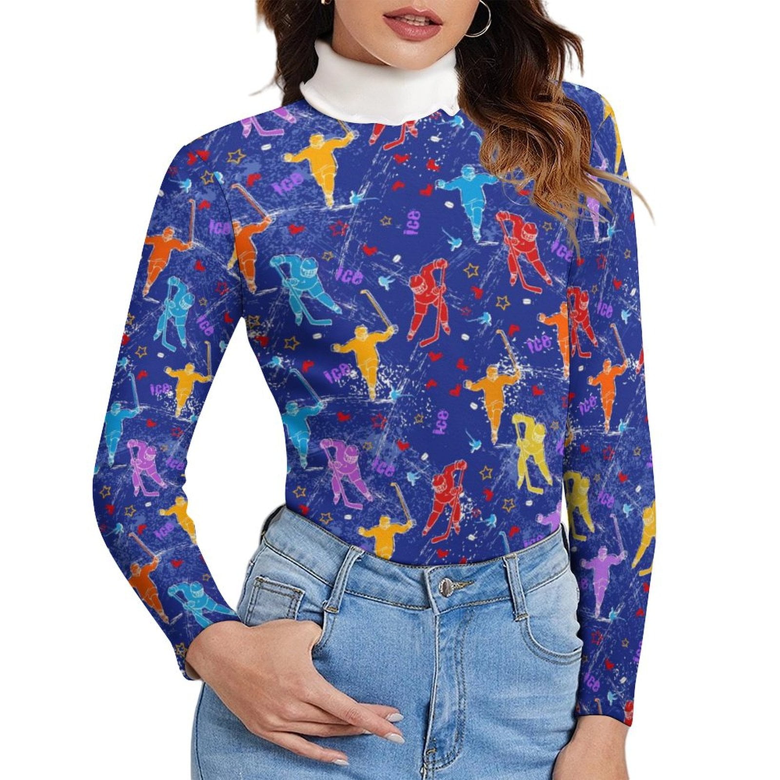 Womens Turtleneck Long Sleeve Shirts - Ice Hockey Players With Puck Comfy Mock Turtle Neck Tops ...
