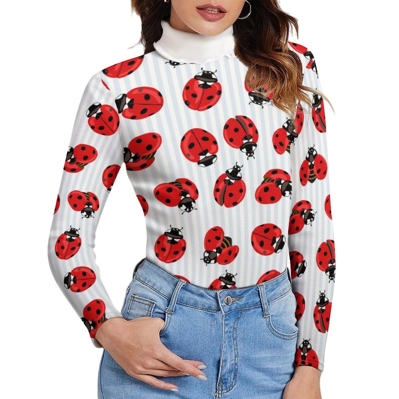 Womens Turtleneck Long Sleeve Shirts - Ladybug On Blue Stripes Comfy ...