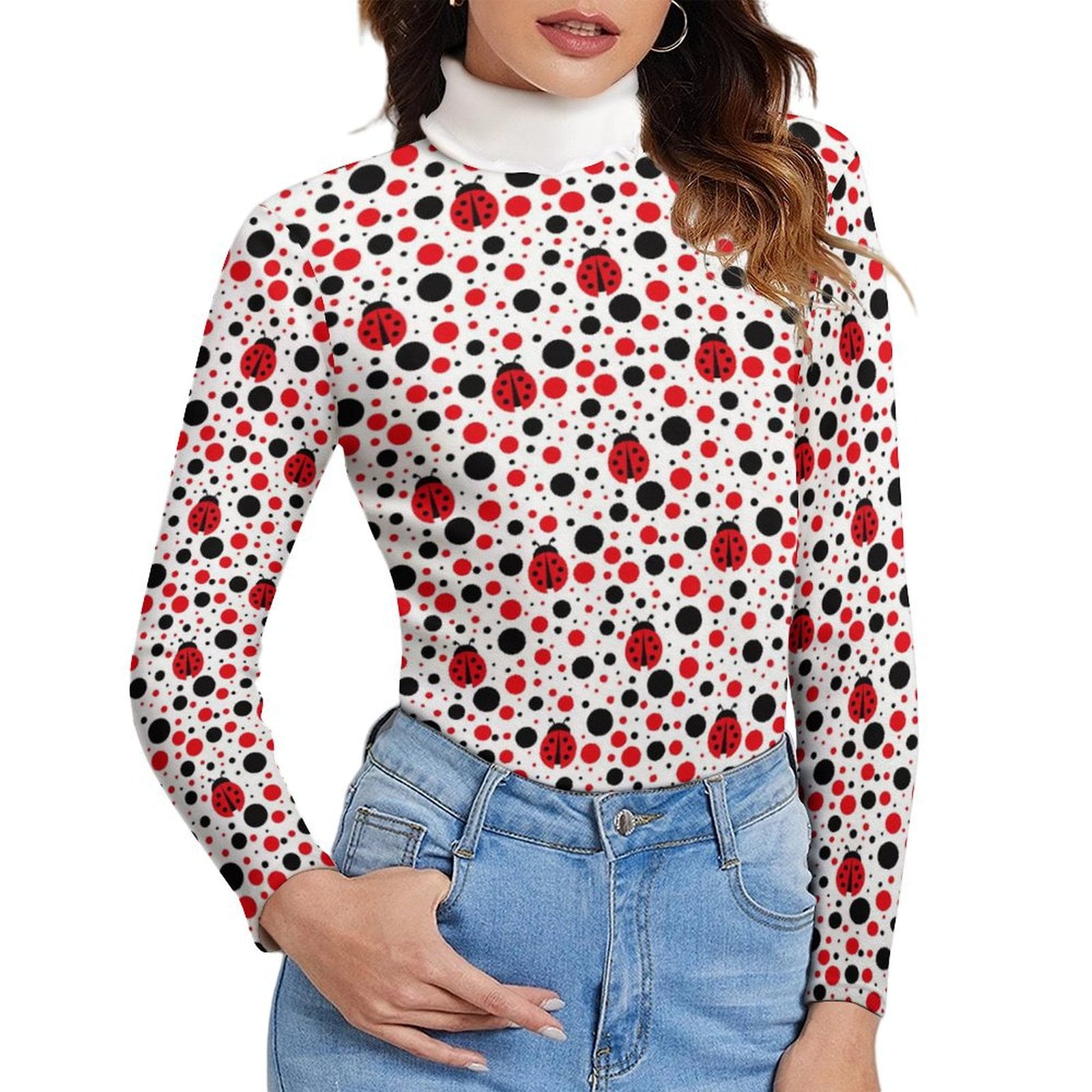 Womens Turtleneck Long Sleeve Shirts - Ladybugs 2 Comfy Mock Turtle ...