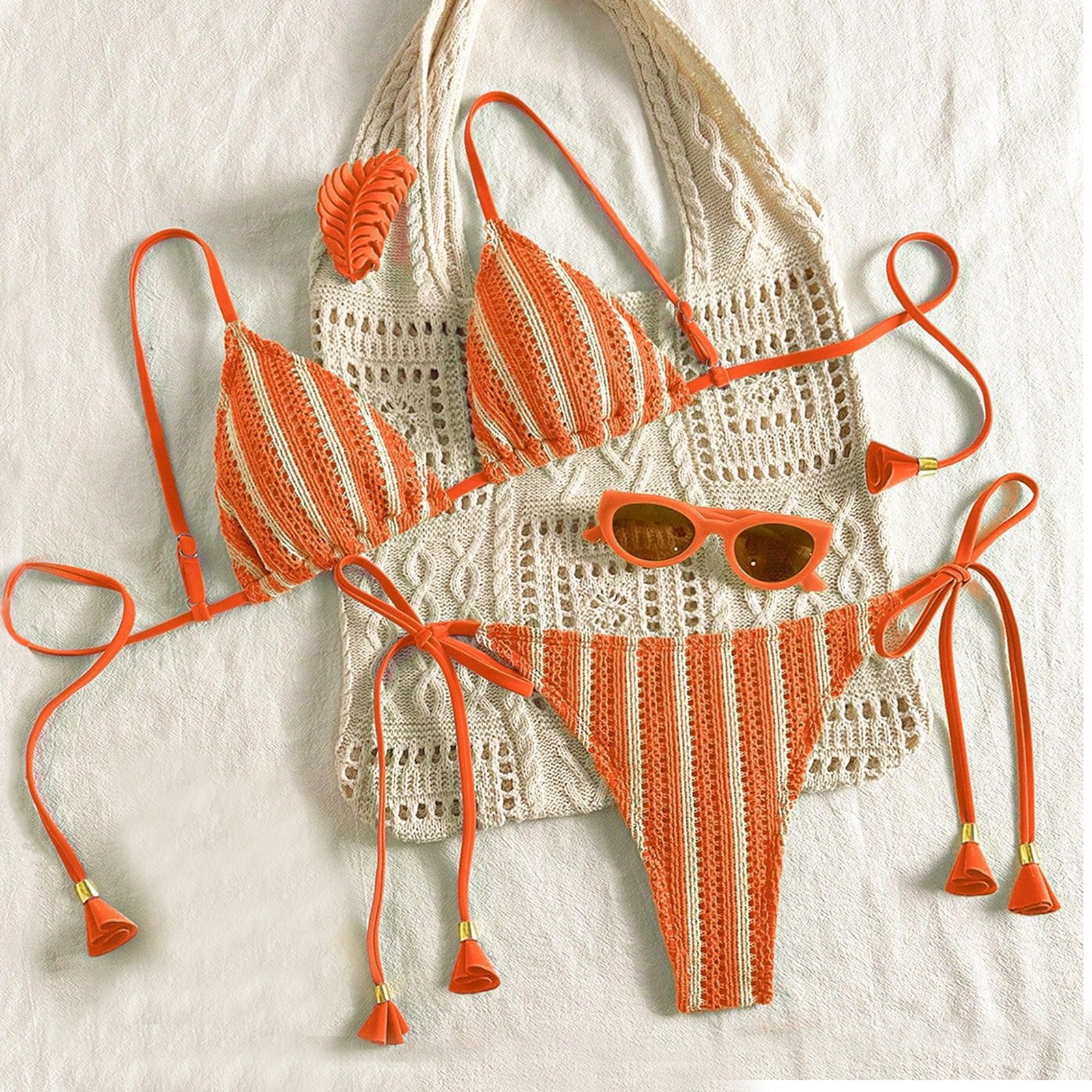 Womens Two Piece Crochet Bikini Swimsuit Halter Triangle String Bikini ...