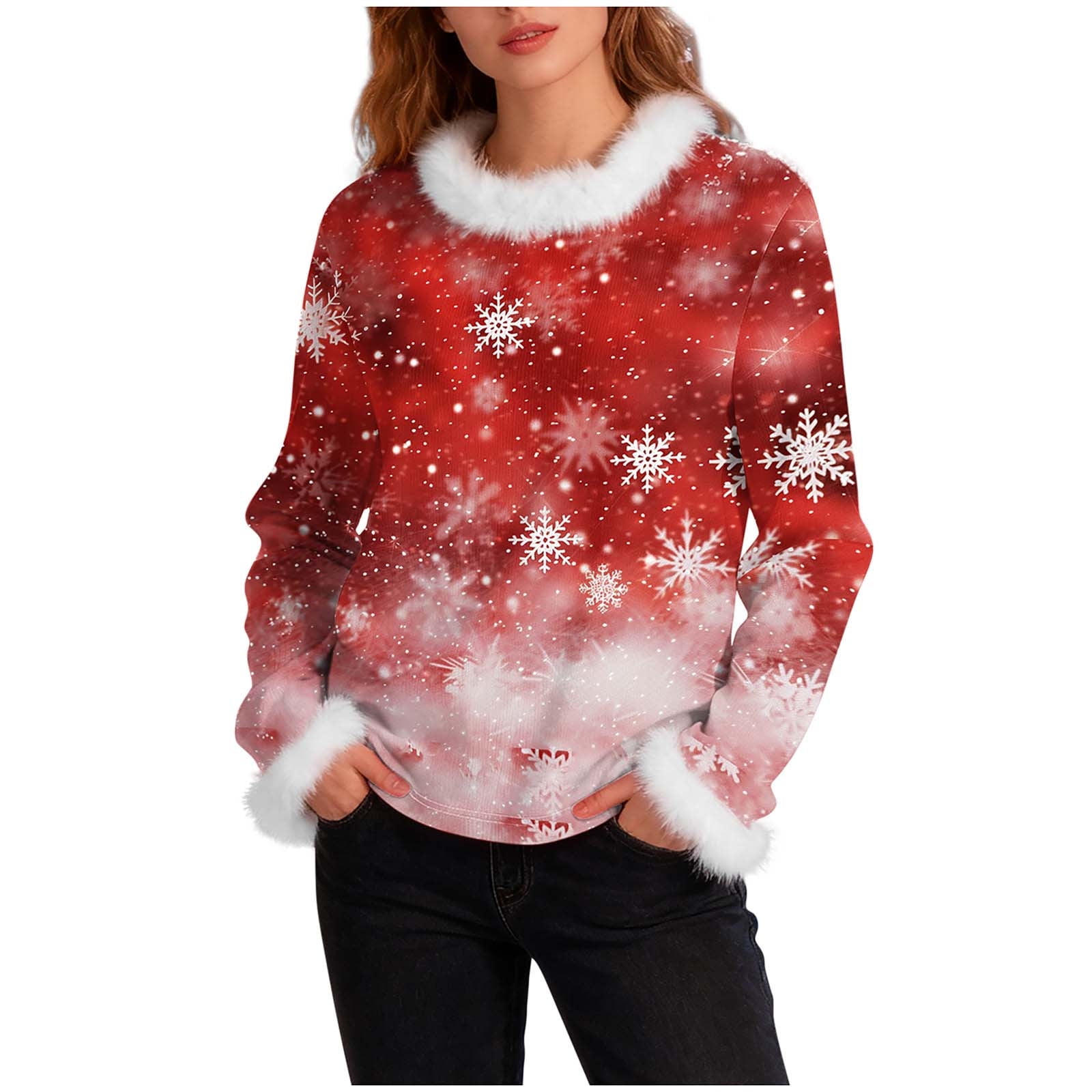 Womens Ugly Christmas Sweaters Faux Furry Trim Crewneck Rib-Knit ...