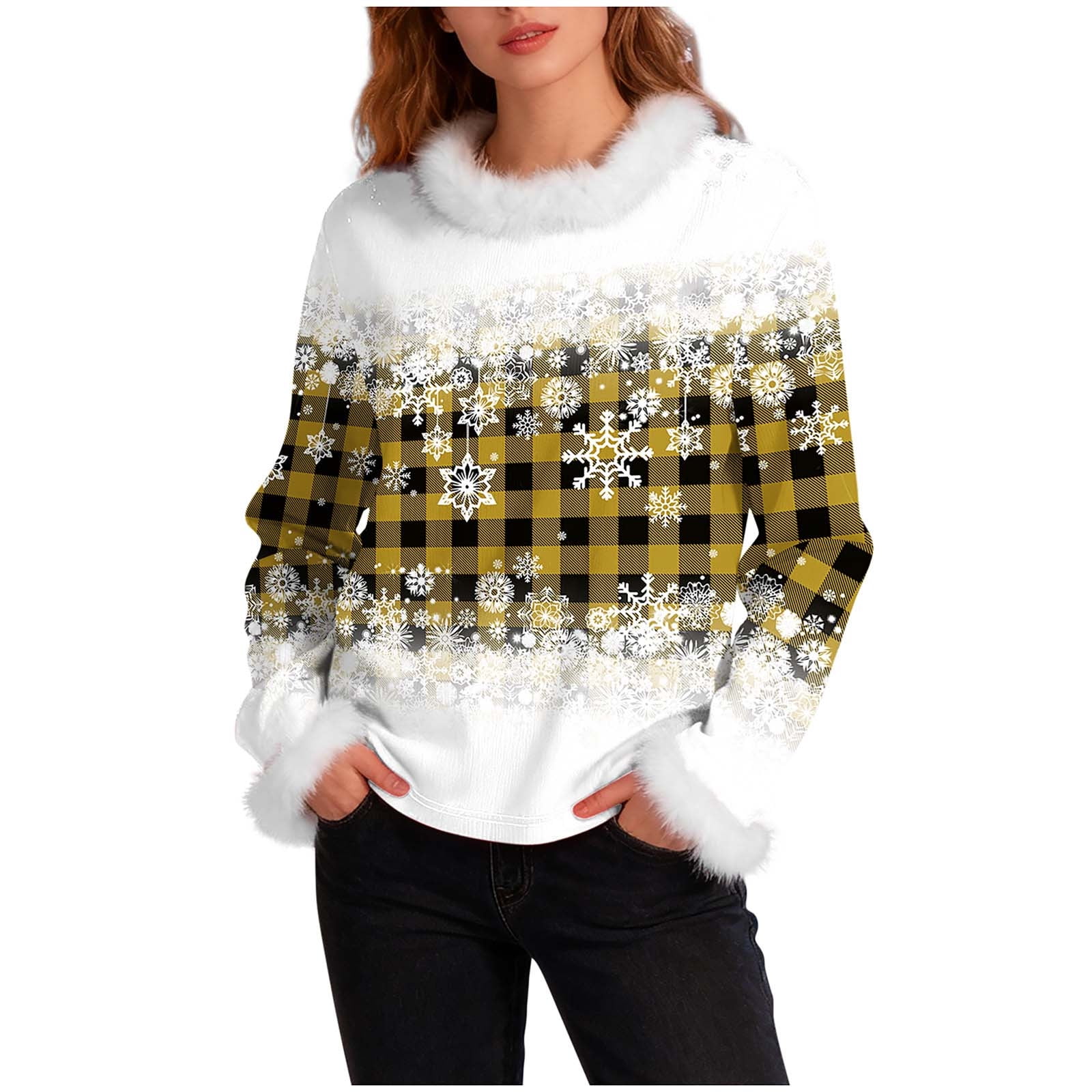 Womens Ugly Christmas Sweaters Faux Furry Trim Crewneck Rib-Knit ...