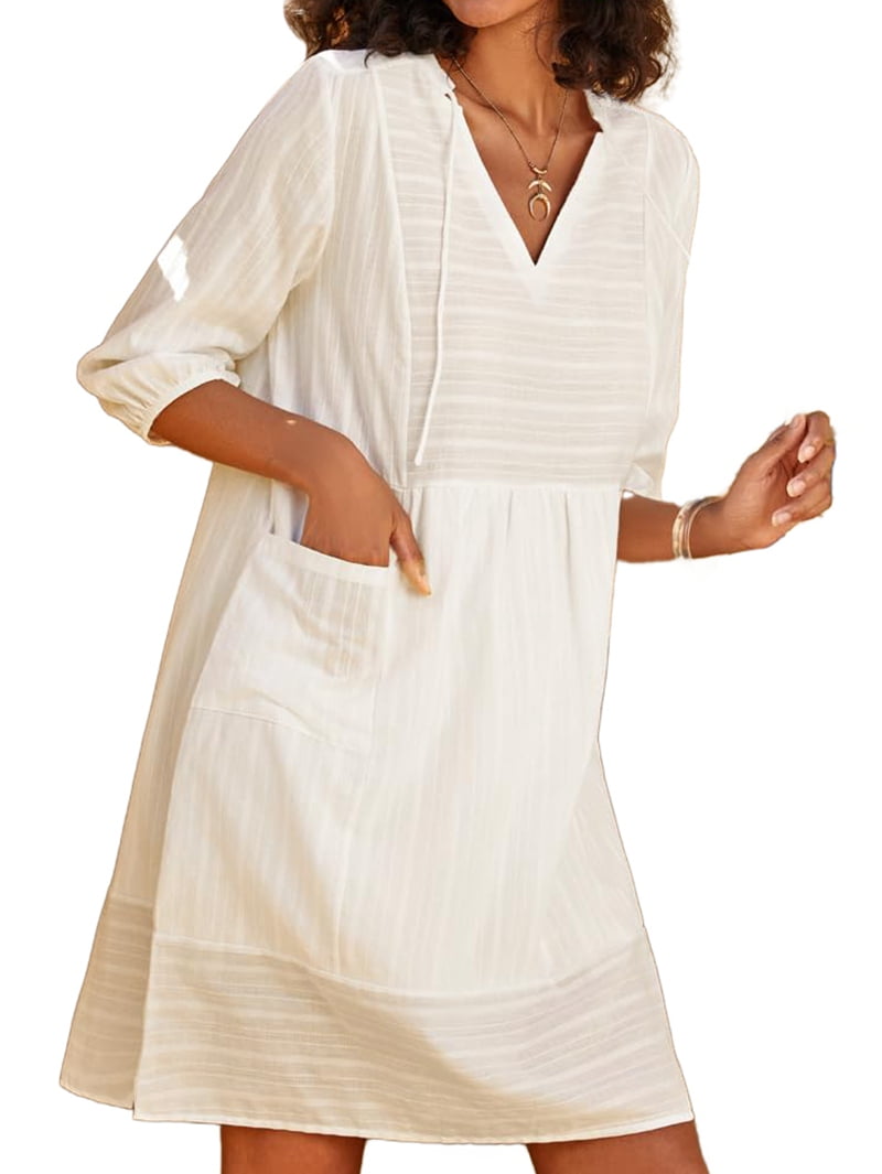 Womens V Neck Cotton Casual Loose Shift Tunic Smock Summer Dresses ...