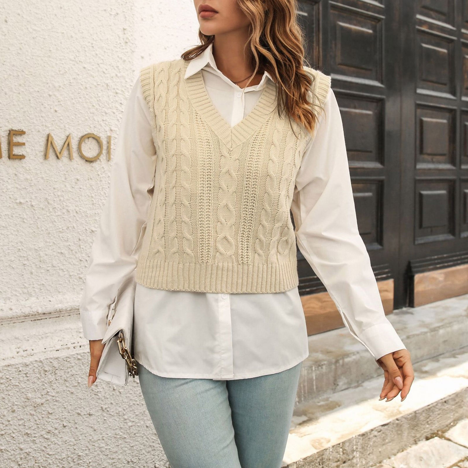 Womens V Neck Knit Sweater Vest Preppy Style Sleeveless Crop Knit Vest ...