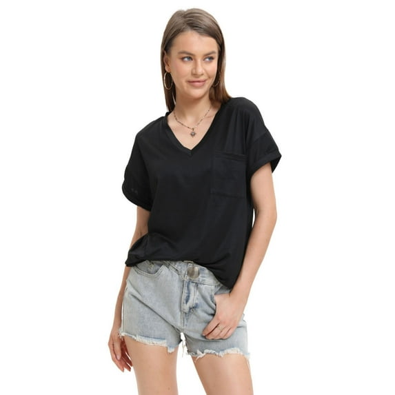 Womens V-Neck Short Sleeve Loose Fit Casual Tee T-Shirt - Walmart.com