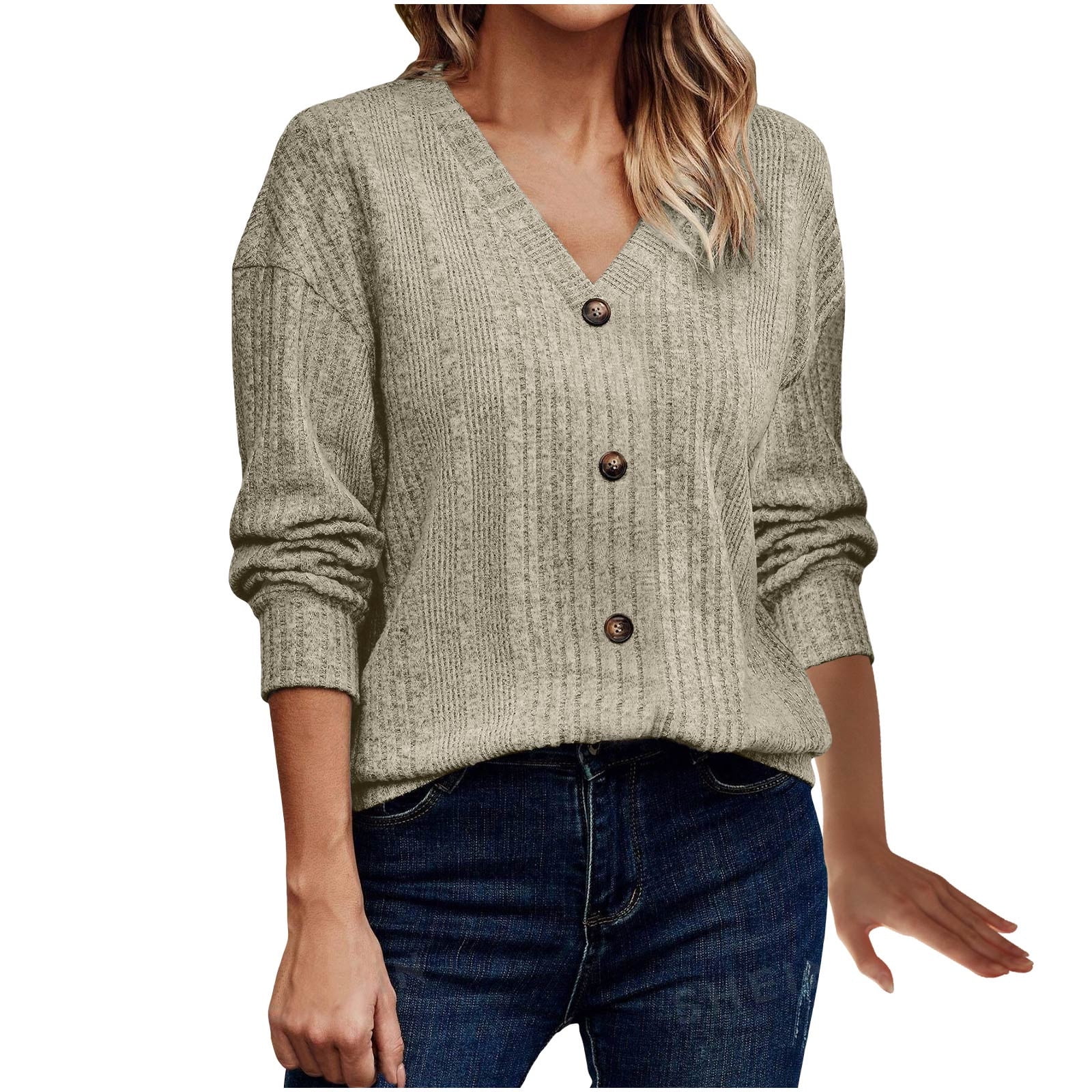 Womens V Neck Sweaters Long Sleeve Lightweight Knit Pullover Tops Fall ...
