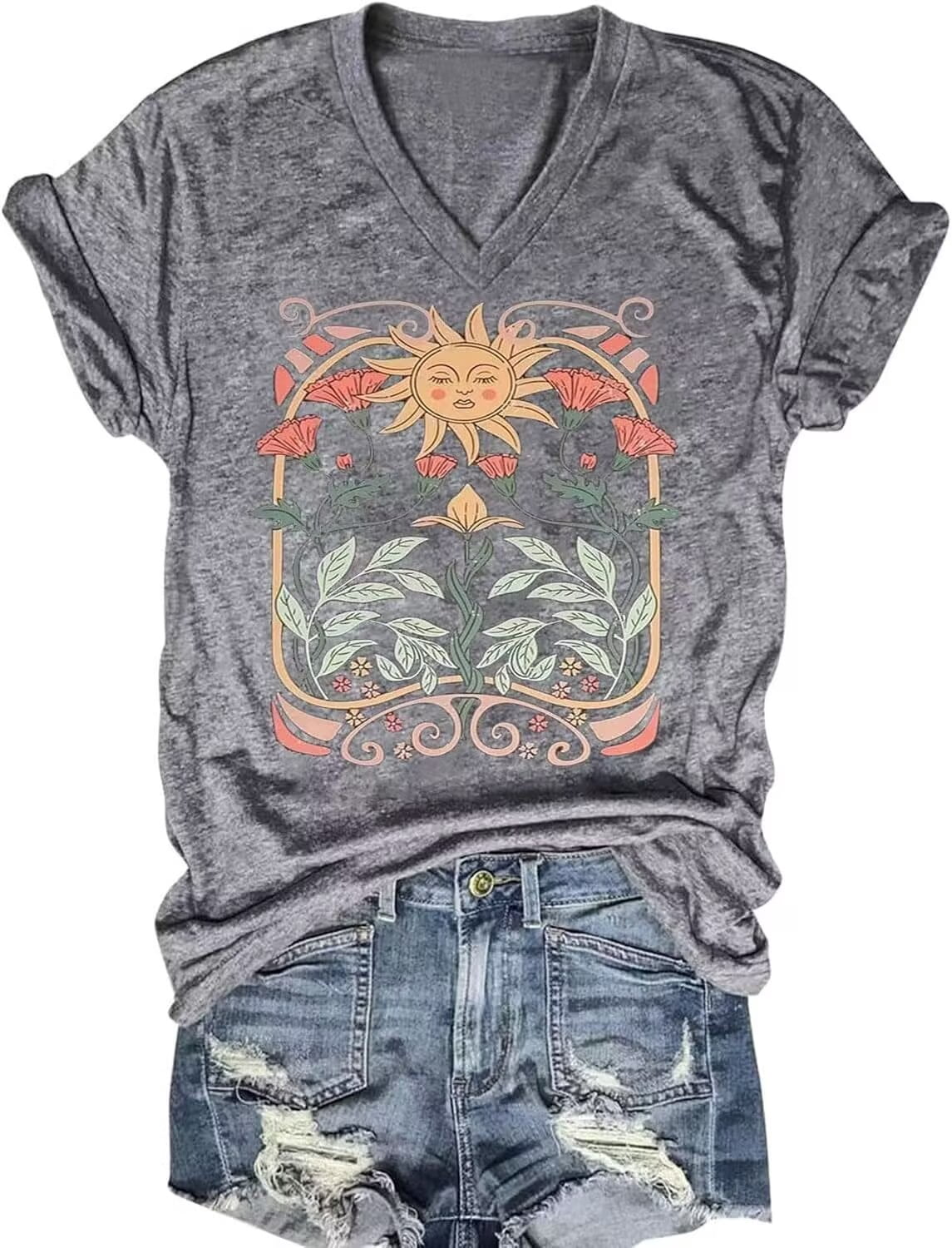 Womens V Neck T Shirts Vintage Cute Boho Flowers Short Sleeve ...