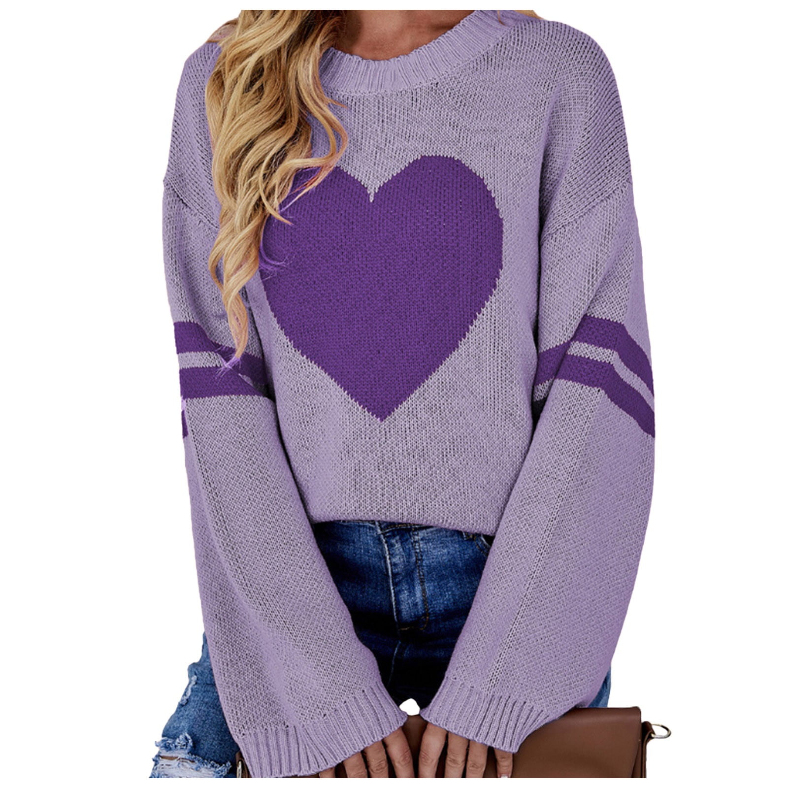 Womens Valentine Sweater Relaxed Silhouette Heart Print Crewneck ...