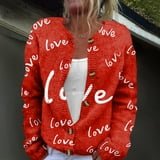 Womens Valentine's Day Cardigan Sweaters Heart Pattern Y2K Button Open ...