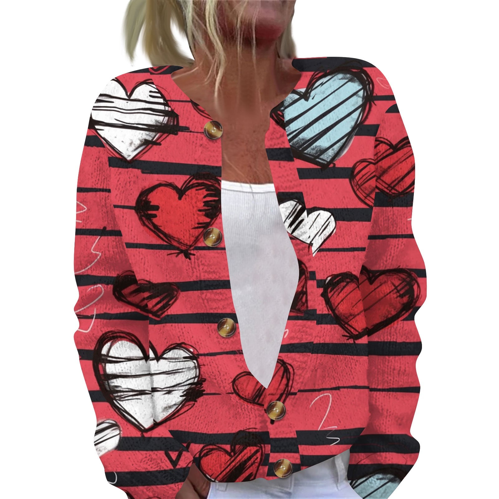 Womens Valentines Day Cute Heart Cardigan Sweaters Chunky Open Front Knit Button Crewneck Long ...