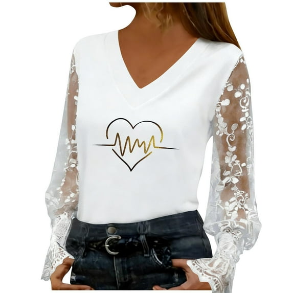 Womens Valentines Day Shirts Patchwork Lace Long Sleeve V Neck Love ...
