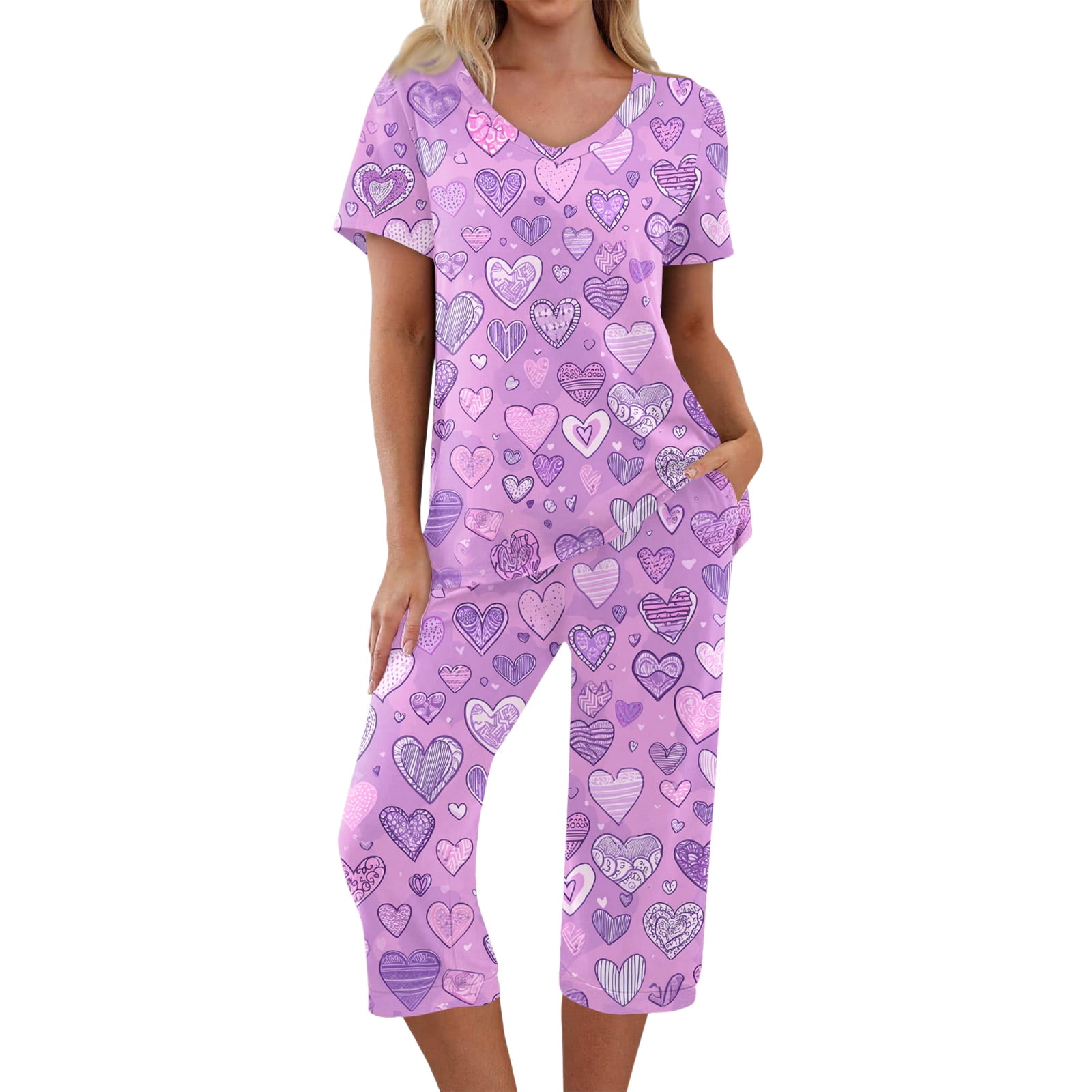 Womens Valentines Pajamas Two Piece Loungewear Sets Short Sleeve Top ...