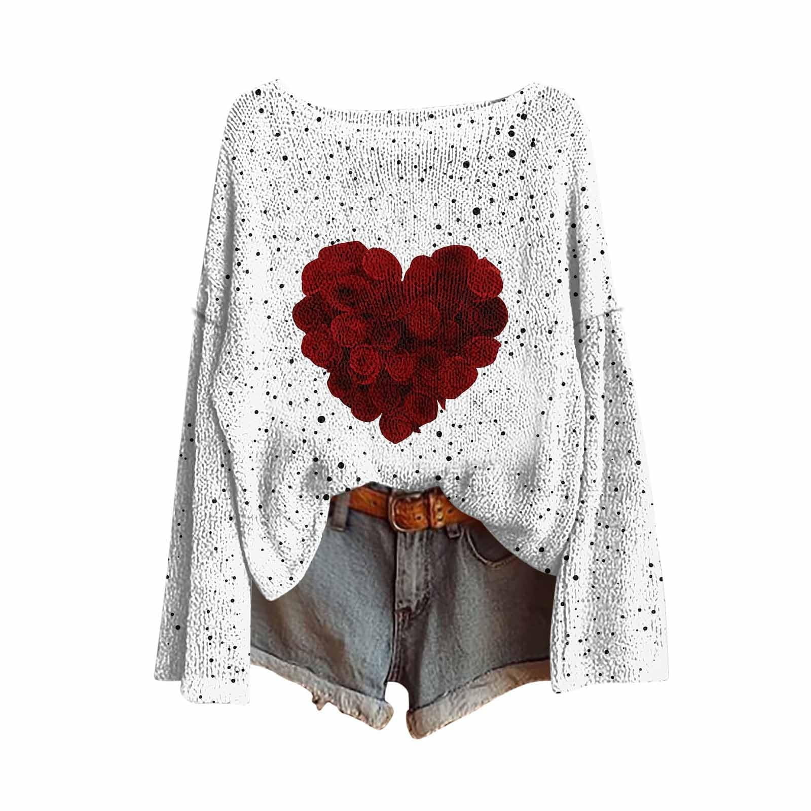 Womens Valentines Sweaters Heart Print Crewneck Long Sleeve Ribbed ...