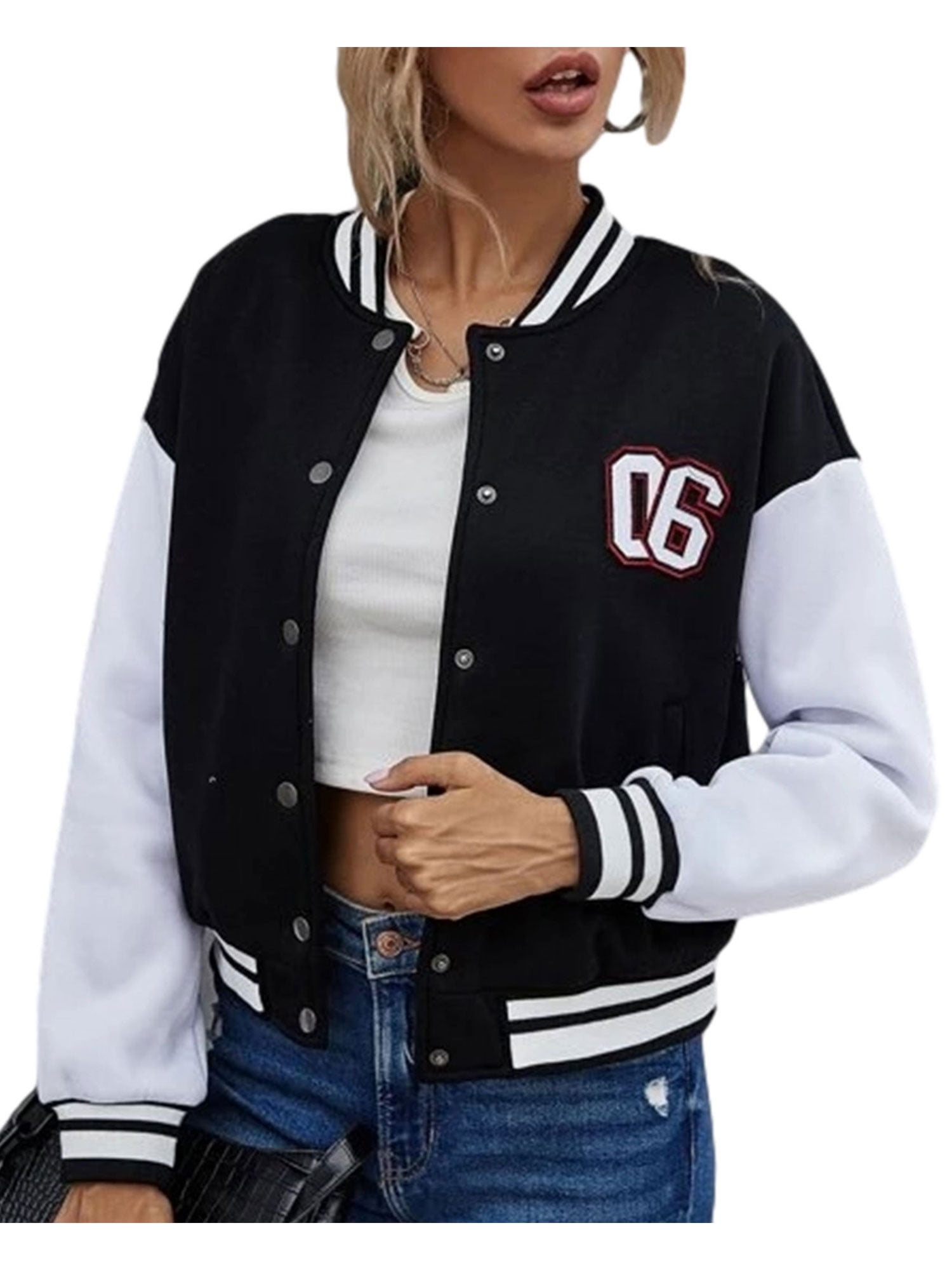 Womens Varsity Jacket Baseball Uniform Casual Long Sleeve Sport Bomber ...
