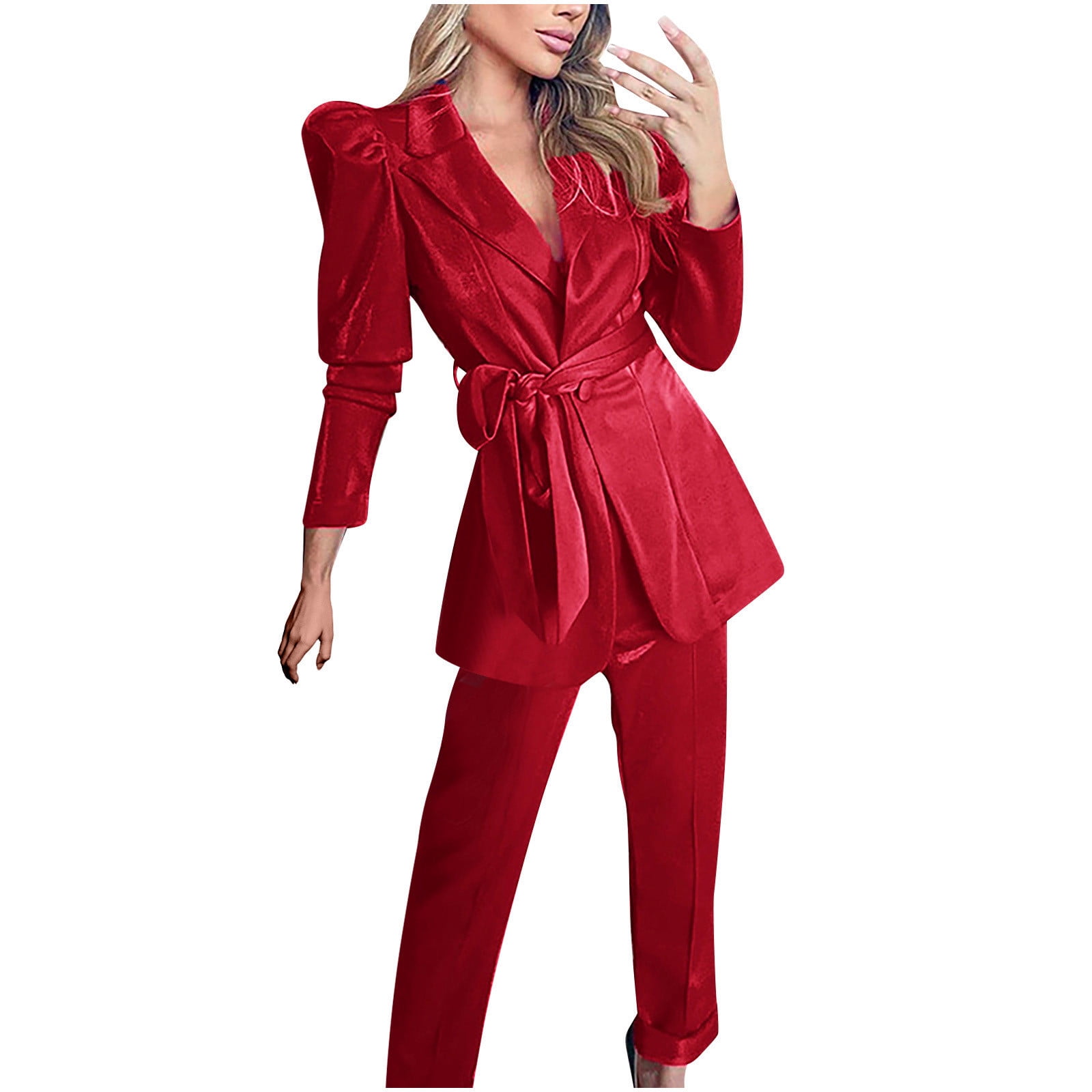 Womens Velvet Business Work Suit Set Long Sleeve Belted Blazer with ...