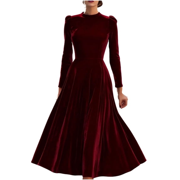 Womens Velvet Long Sleeve Dresses 2026 Elegant Mock Neck Smocked A Line ...