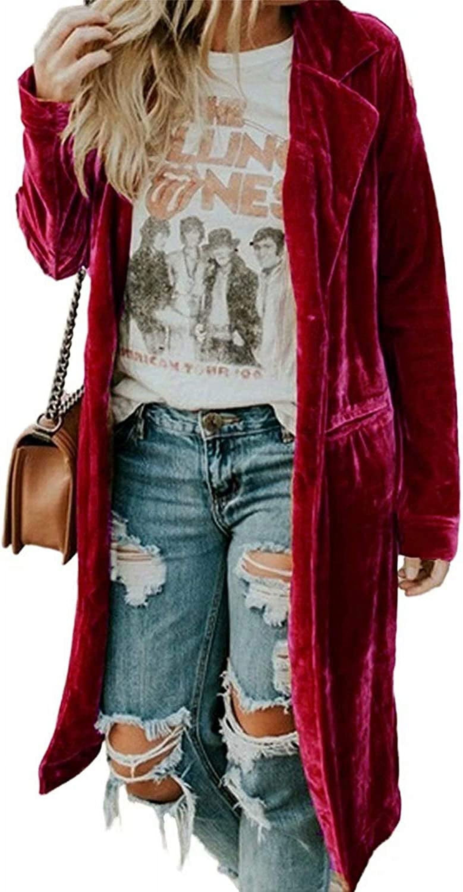 Womens Velvet Long Sleeve Pocket Casual Open Front Lapel Collar ...