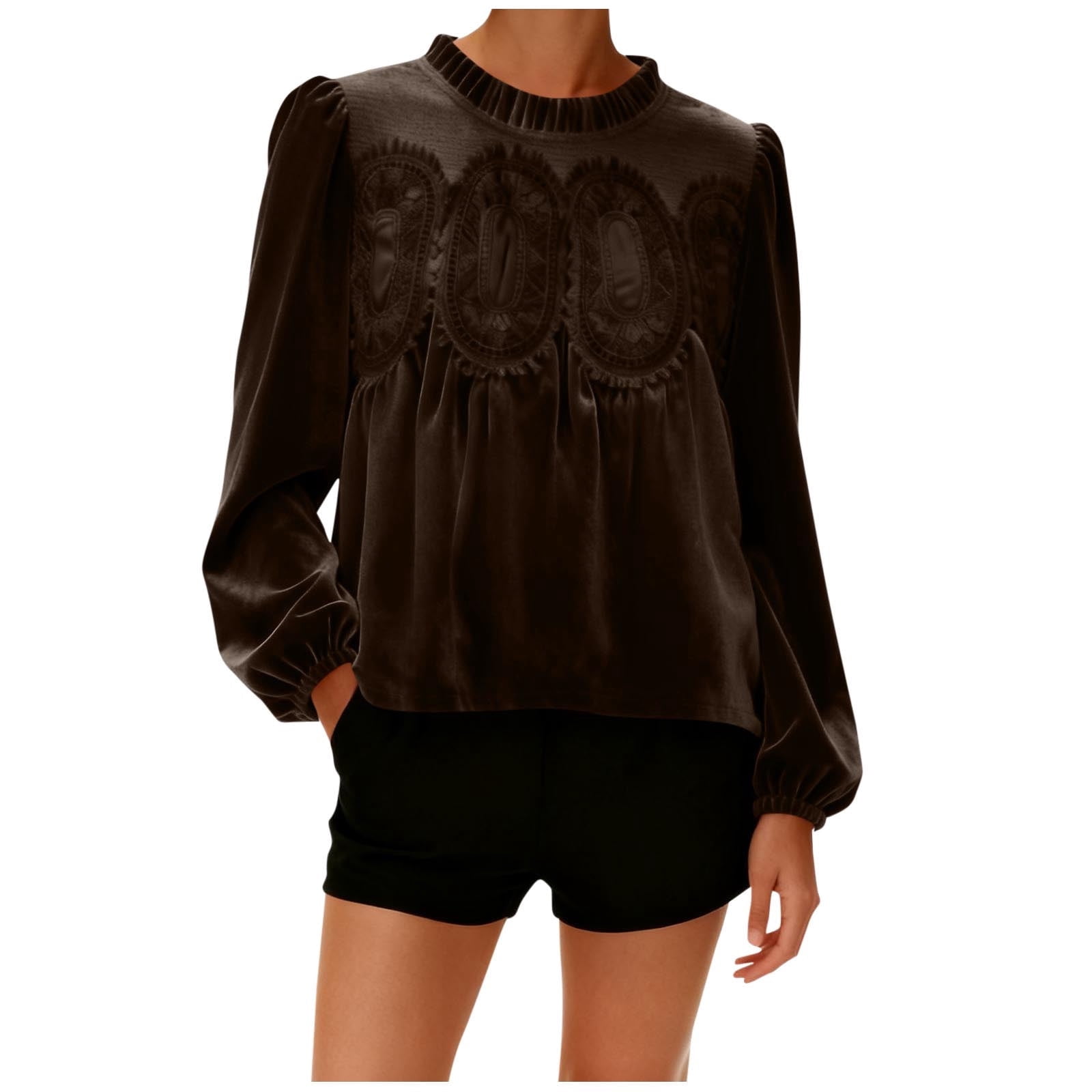Womens Velvet Tops 2026 Fall Dressy Bell Sleeve Lace Trim Crewneck ...