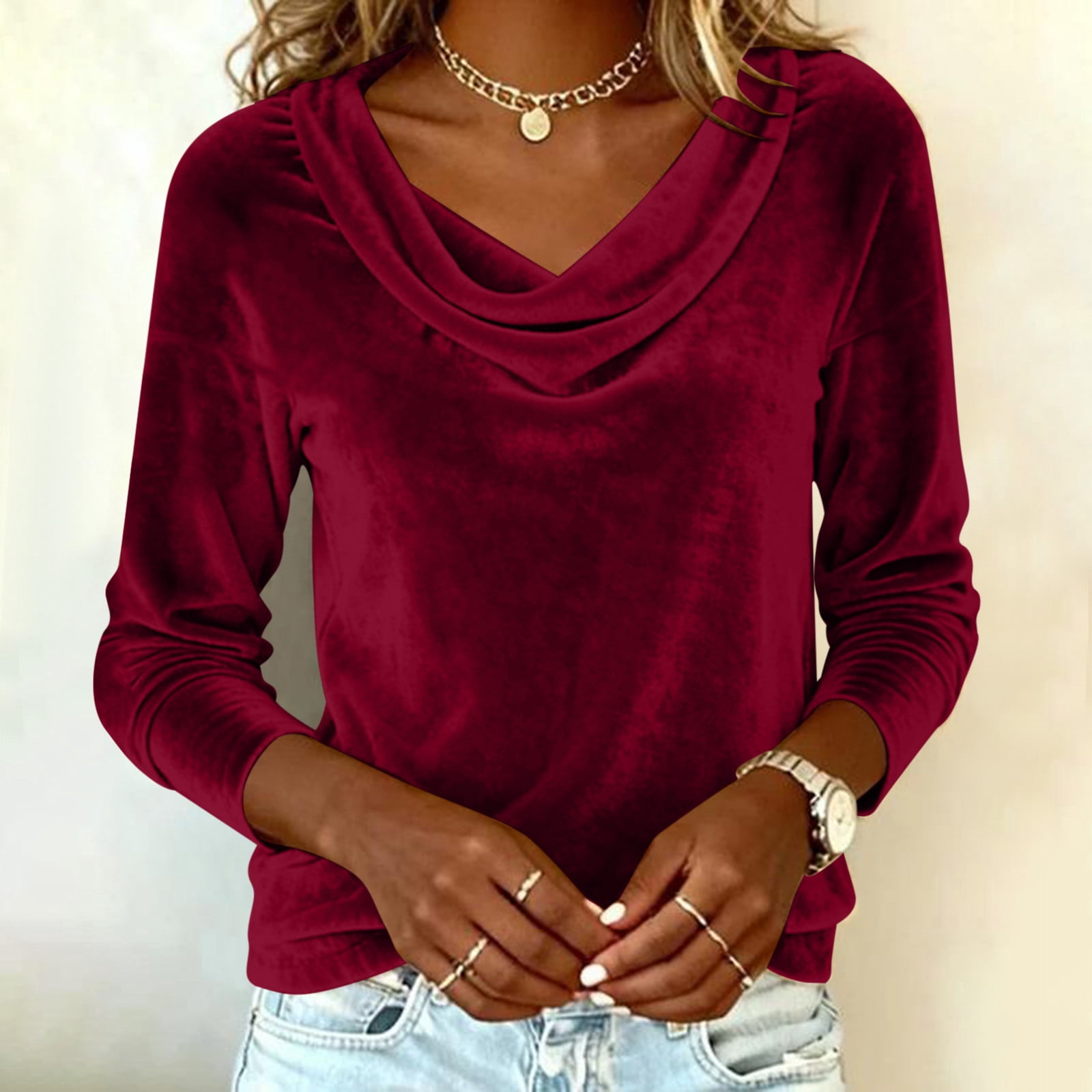 Womens Velvet Tops Long Sleeve Cowl V Neck Shirt Vintage Dressy Regular ...
