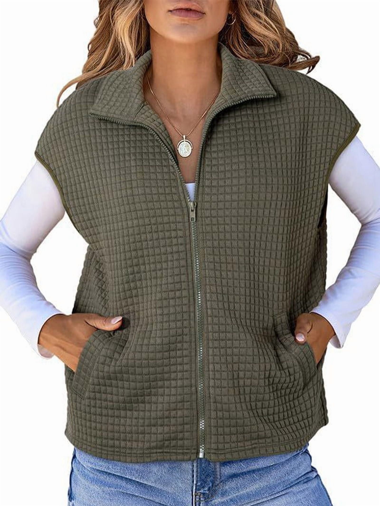 Womens Vest Tops Zipper Up Cap Sleeve Side Pockets Waffle Knit ...