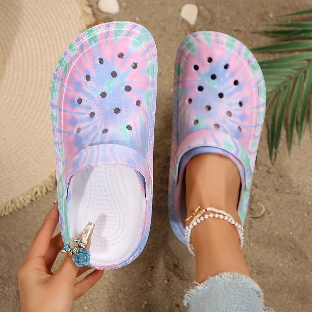 Womens Vibrant Tie Dye Pattern Clogs - Ultra-Casual, Unique Hollow Out ...