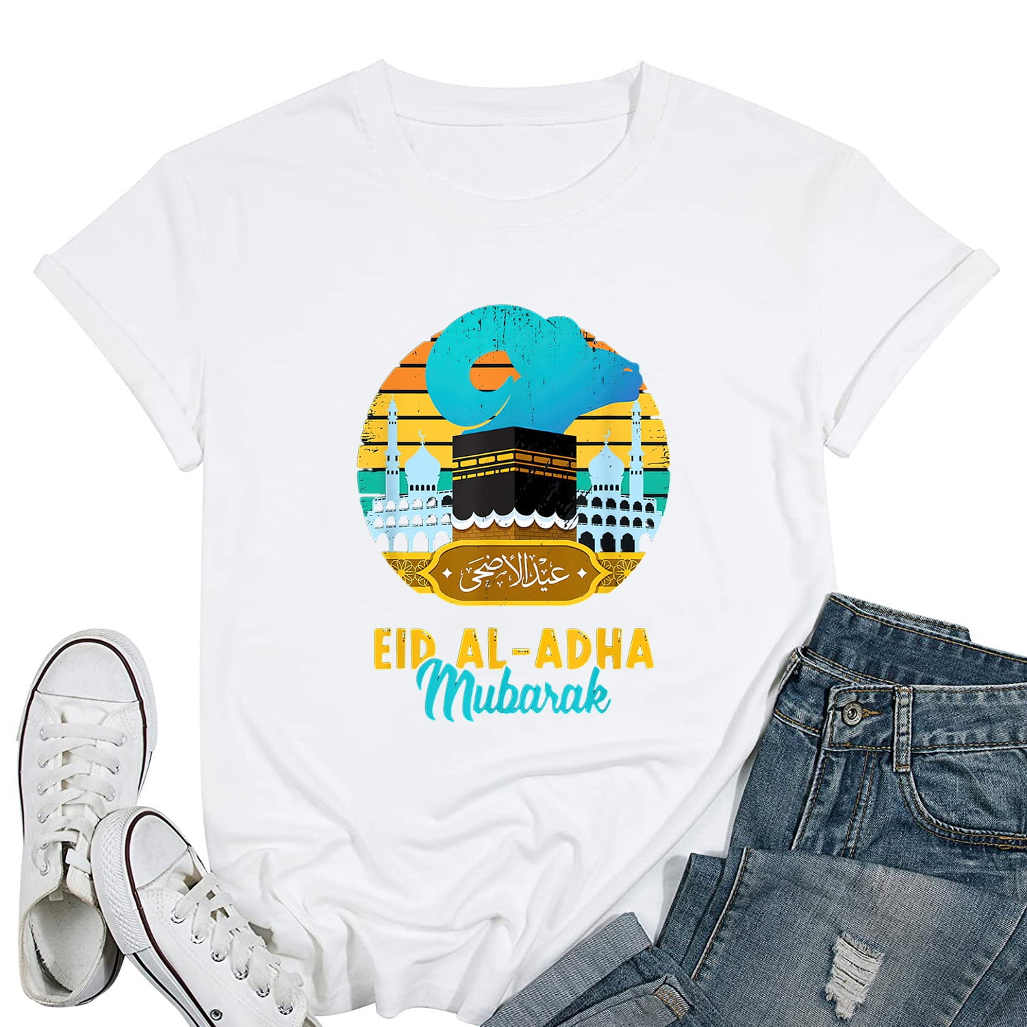 Womens Vintage Eid Al Adha Mubarak Kareem Funny Happy Eid Adha 2021 T-Shirt White Medium ...