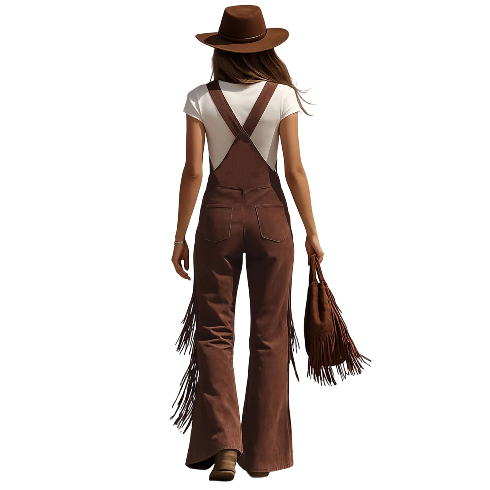 Womens Vintage Faux Suede Overalls Adjustable Fringe Bell Bottom ...