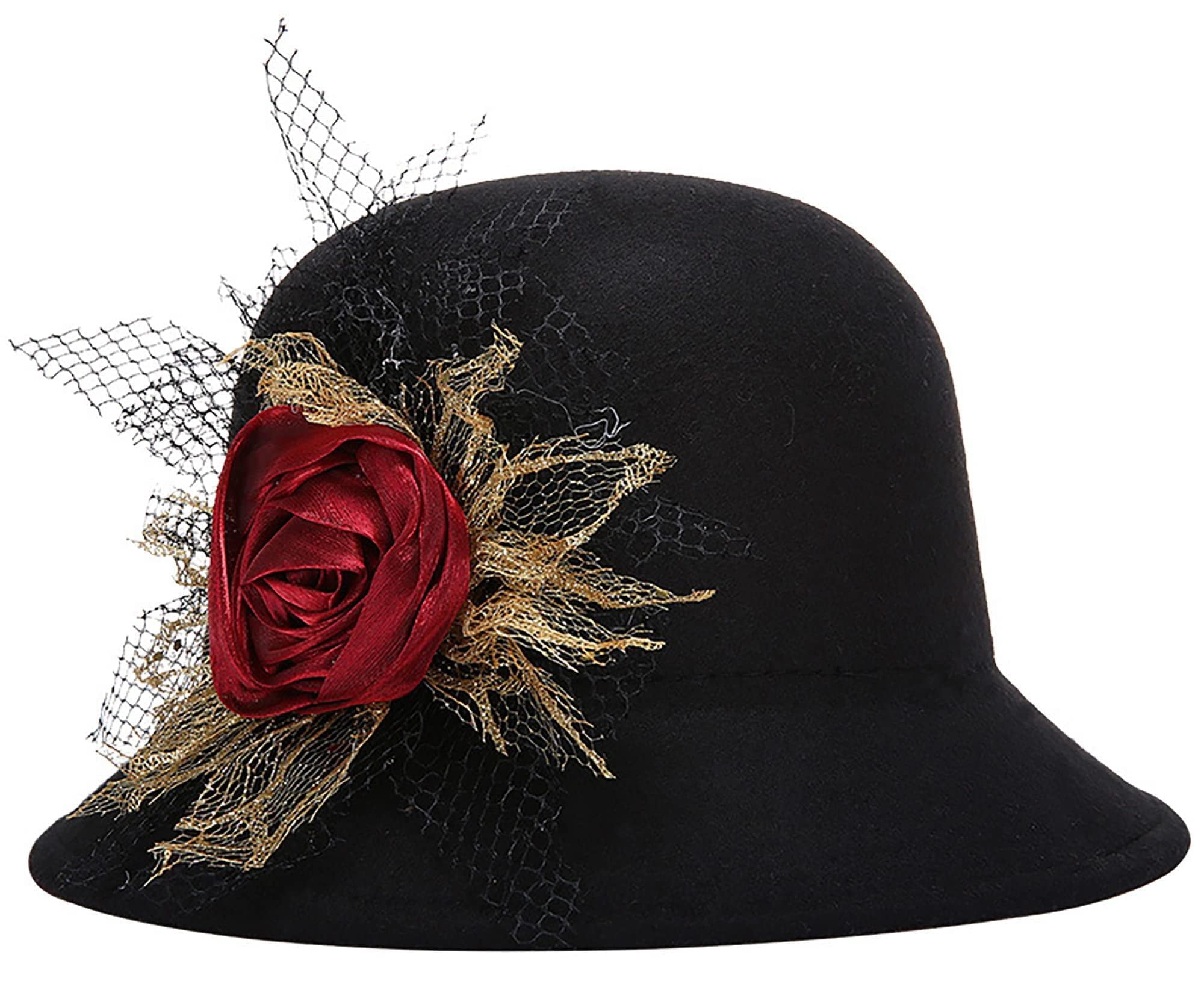 Womens Vintage Felt Cloche Hat with Rose Bow 1920s Bucket Cloche Hat ...