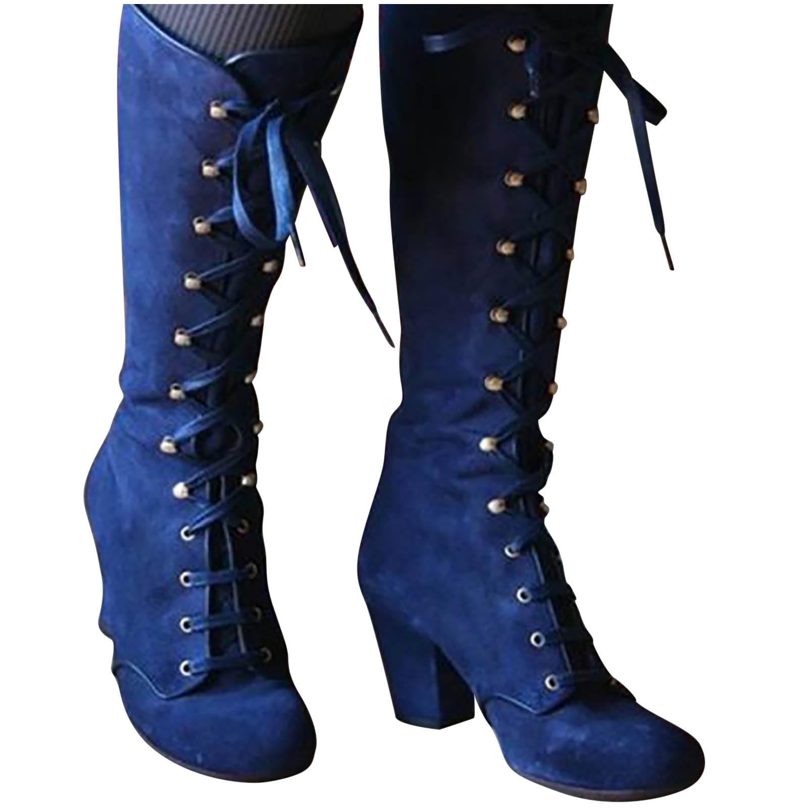 Womens Vintage Lace up Rider Boots Retro Knee High Moto Riding Boots ...