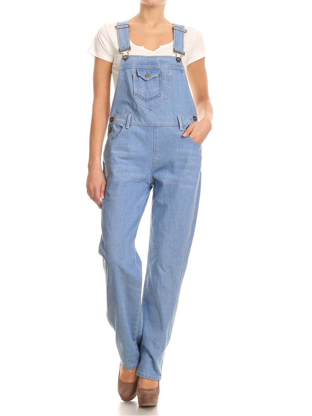 Womens Vintage Wash Straight Leg Denim Overalls with Pocket Bib, Light ...