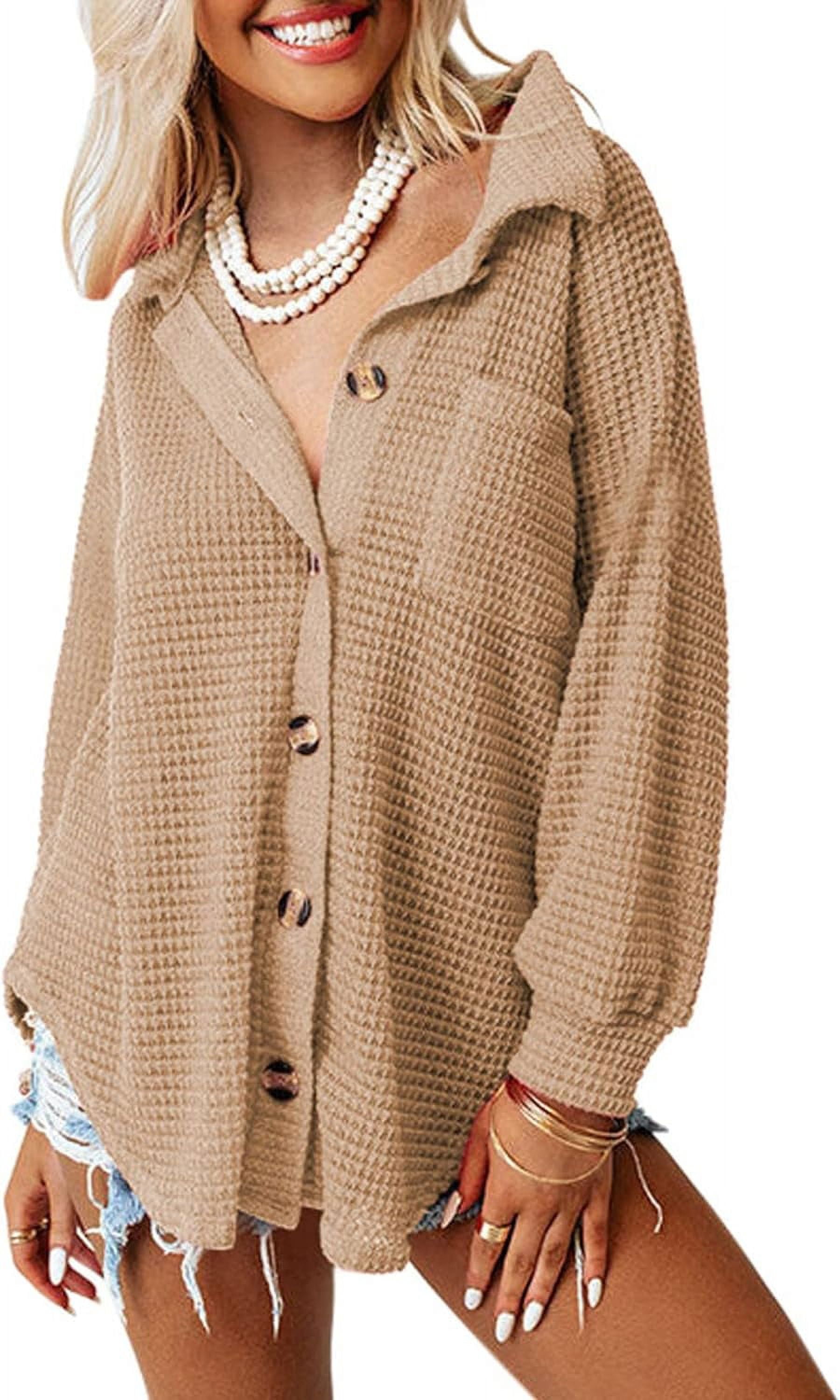 Womens Waffle Knit Button Down Shirts Casual Long Sleeve Shacket Jacket