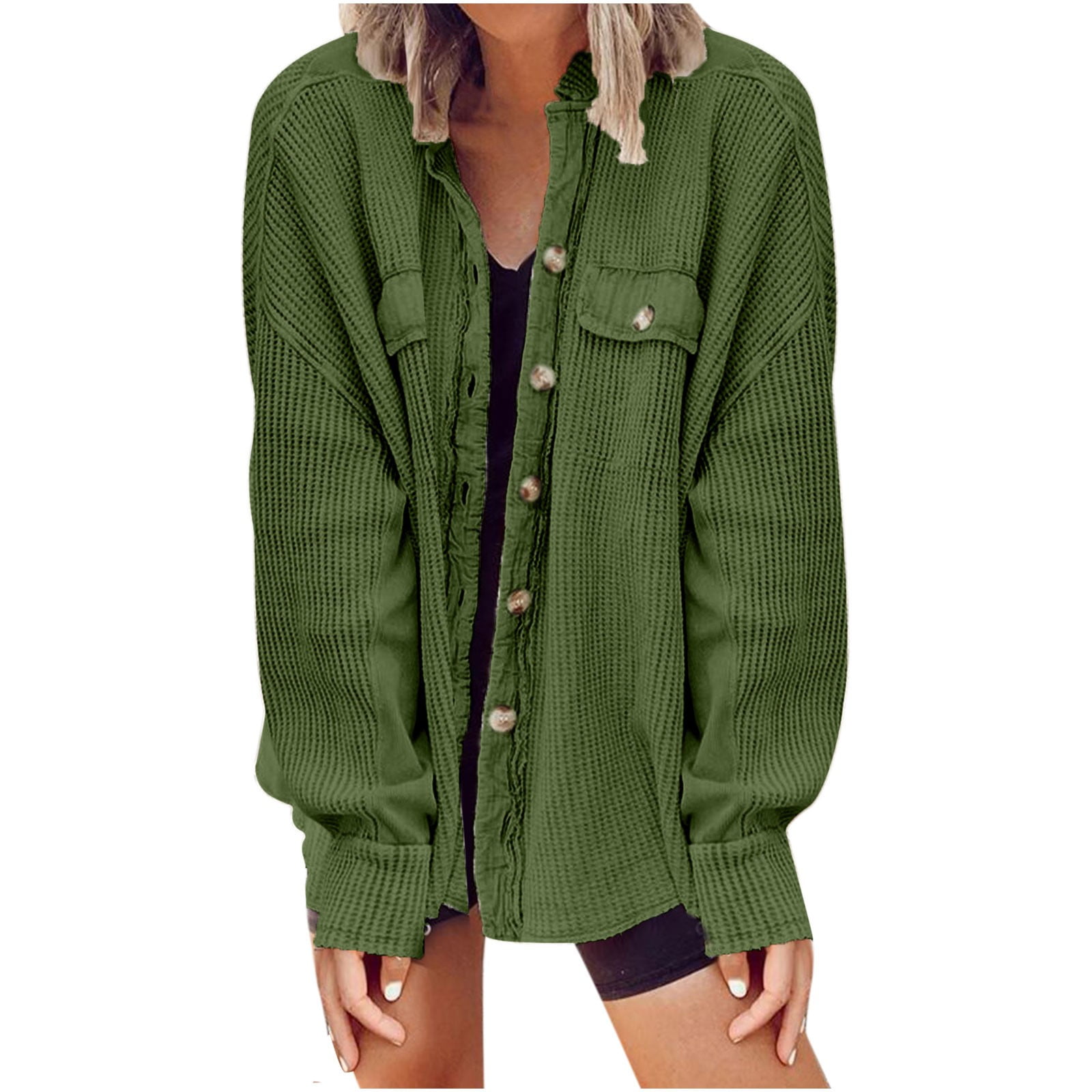 Womens Waffle Knit Jacket Top Button Down Stand Collar Long Sleeve ...