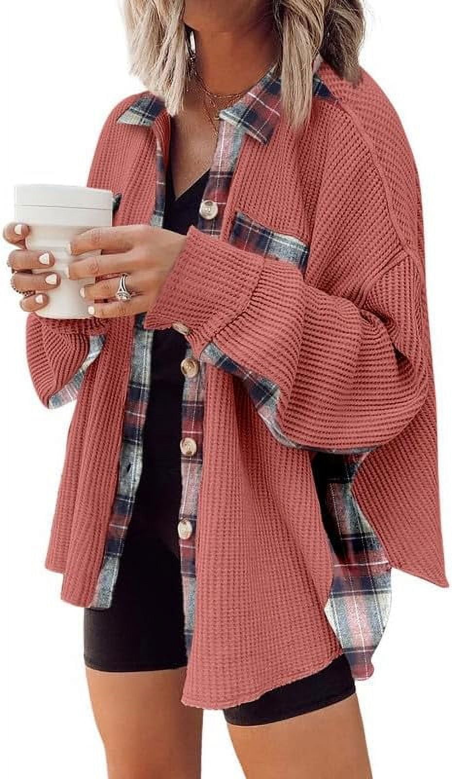 Womens Waffle Knit Plaid Shacket Boyfriend Button Down Shirt Jacket ...