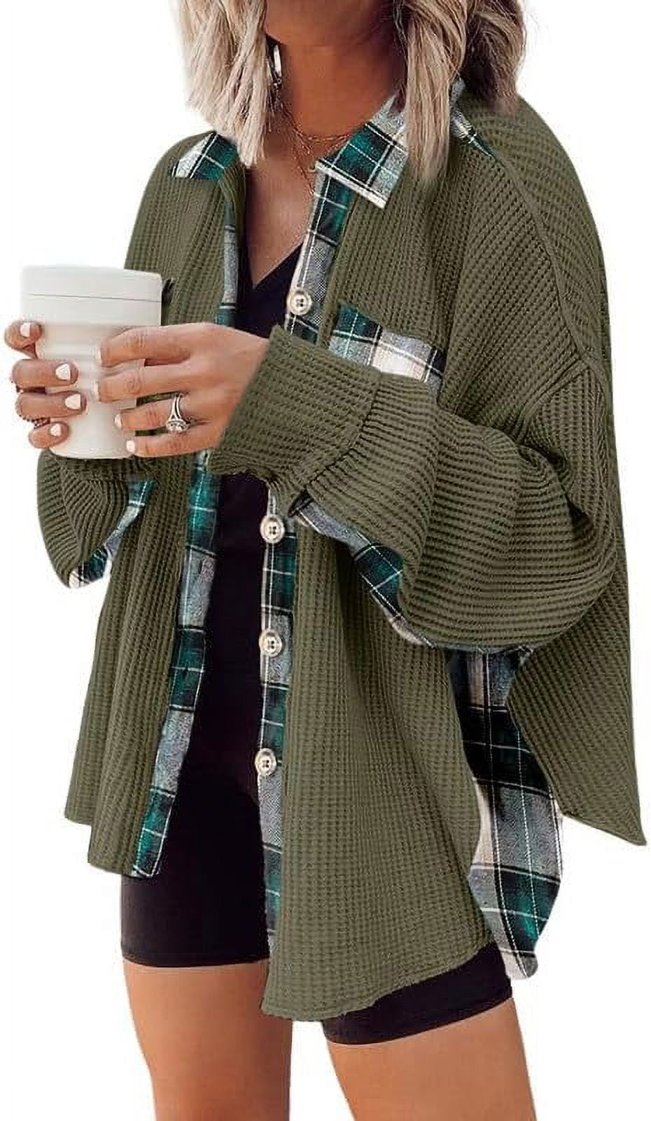 Womens Waffle Knit Plaid Shacket Boyfriend Button Down Shirt Jacket ...