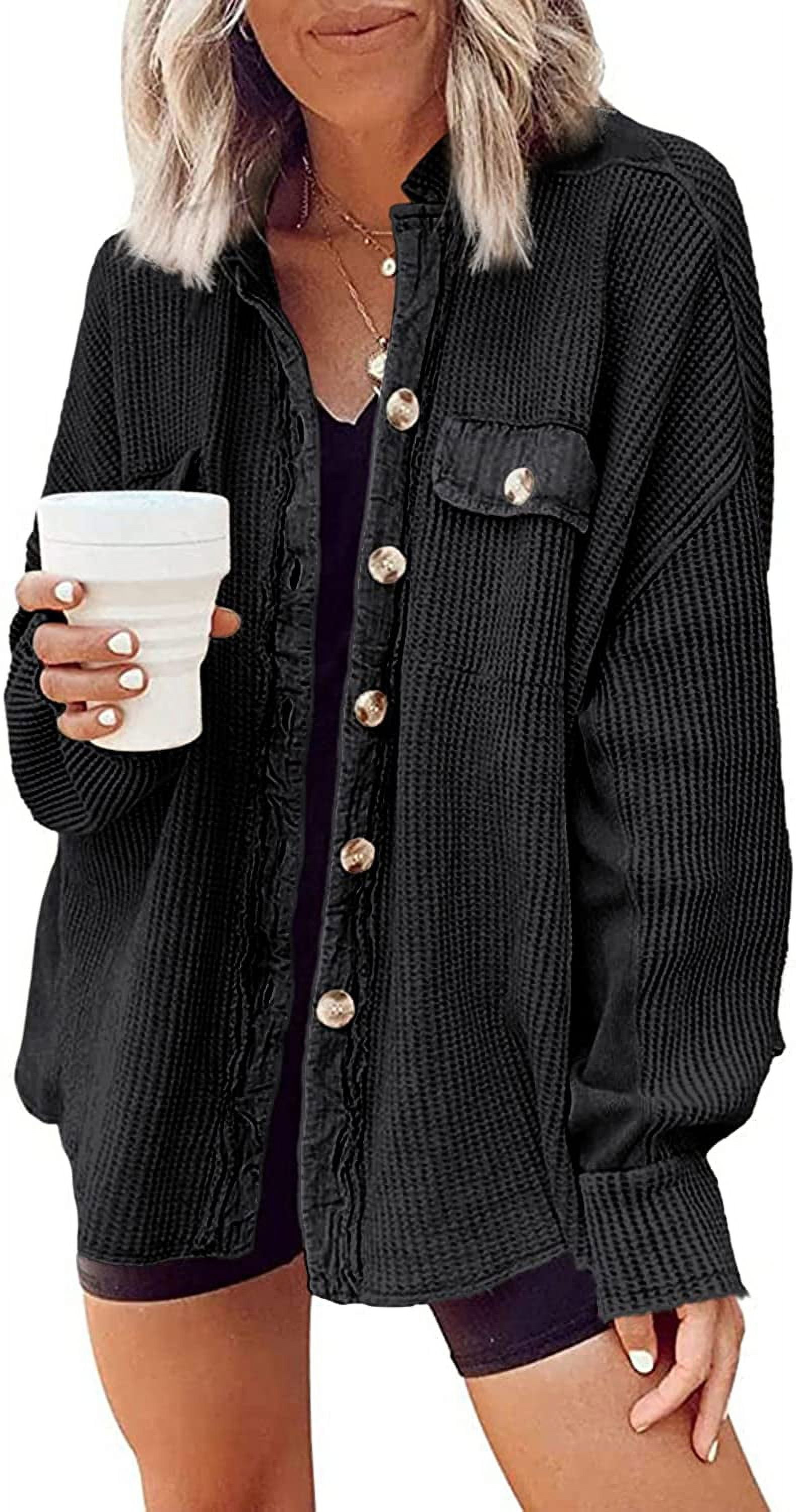 Womens Waffle Knit Shacket Boyfriend Shirt Button Down Blouse Loose Fit ...