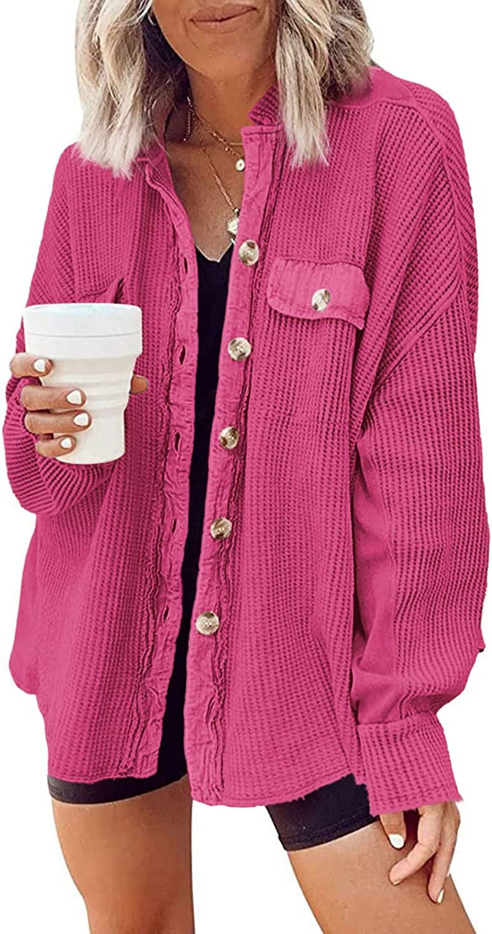 Womens Waffle Knit Shacket Boyfriend Shirt Button Down Blouse Loose Fit ...