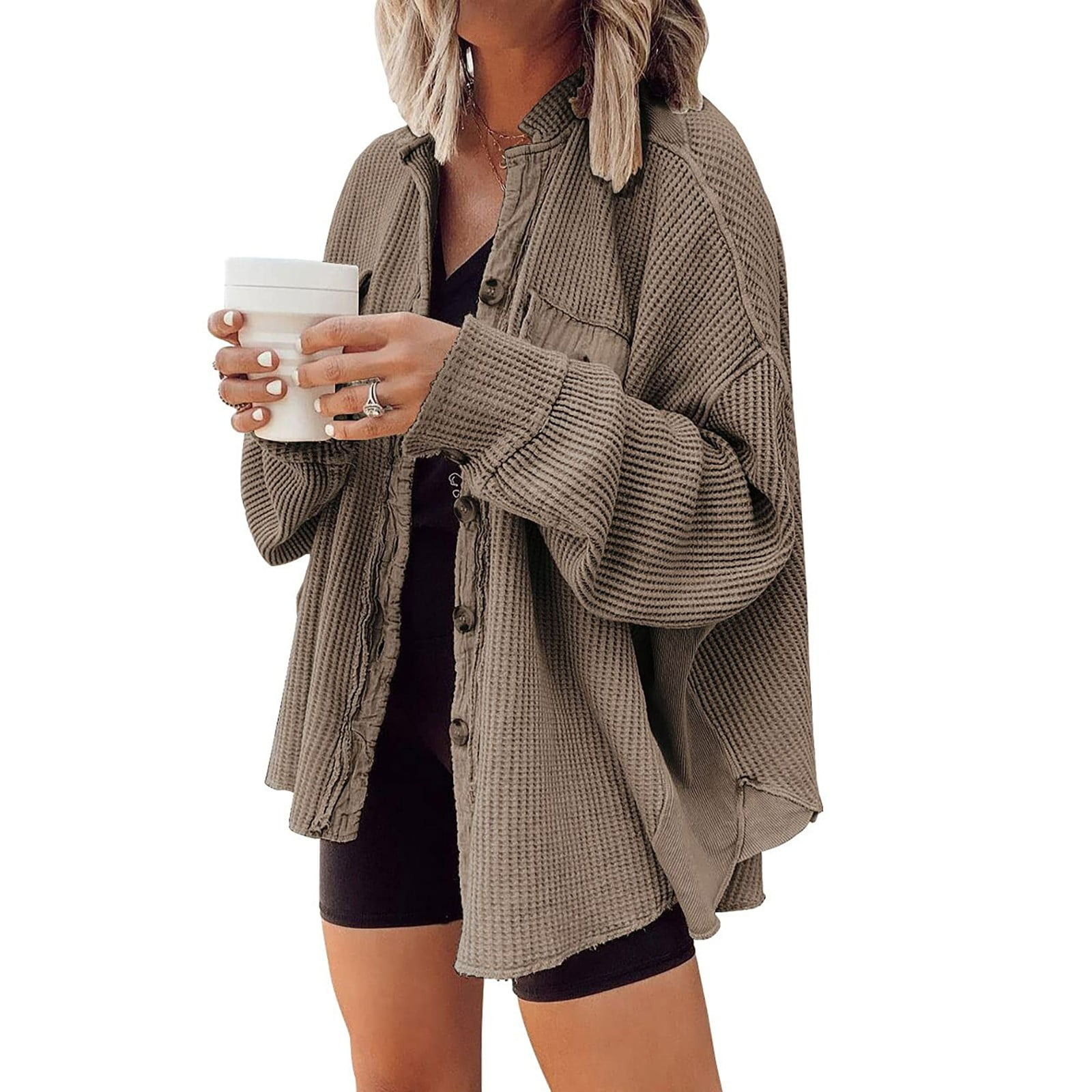 Womens Waffle Knit Shacket Boyfriend Shirt Jacket Button Down Blouse ...