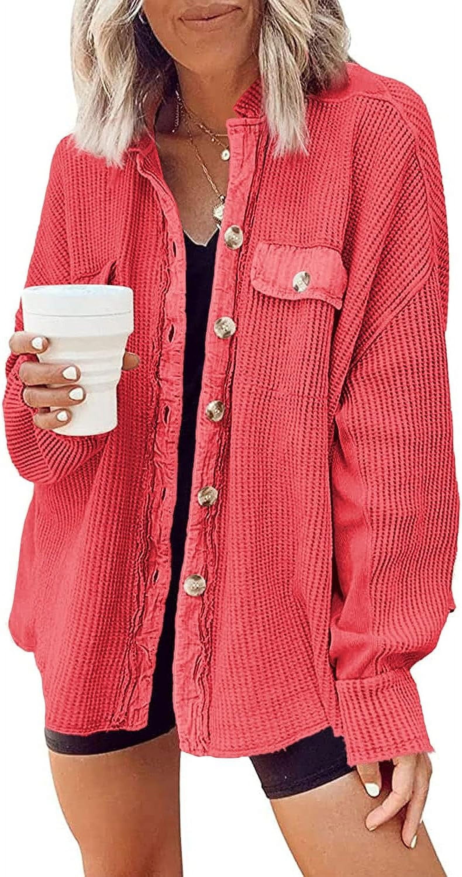 Womens Waffle Knit Shacket Boyfriend Shirt Jacket Button Down Blouse ...