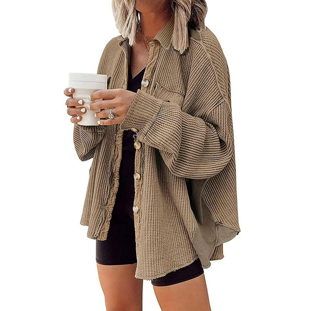 Womens Waffle Knit Shacket Boyfriend Shirt Jacket Button Down Long ...