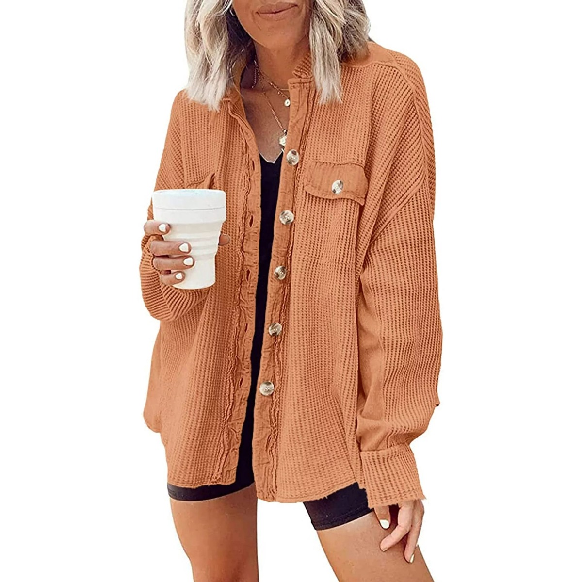 Womens Waffle Knit Shacket Jacket Casual Long Sleeve Button Down Shirts ...