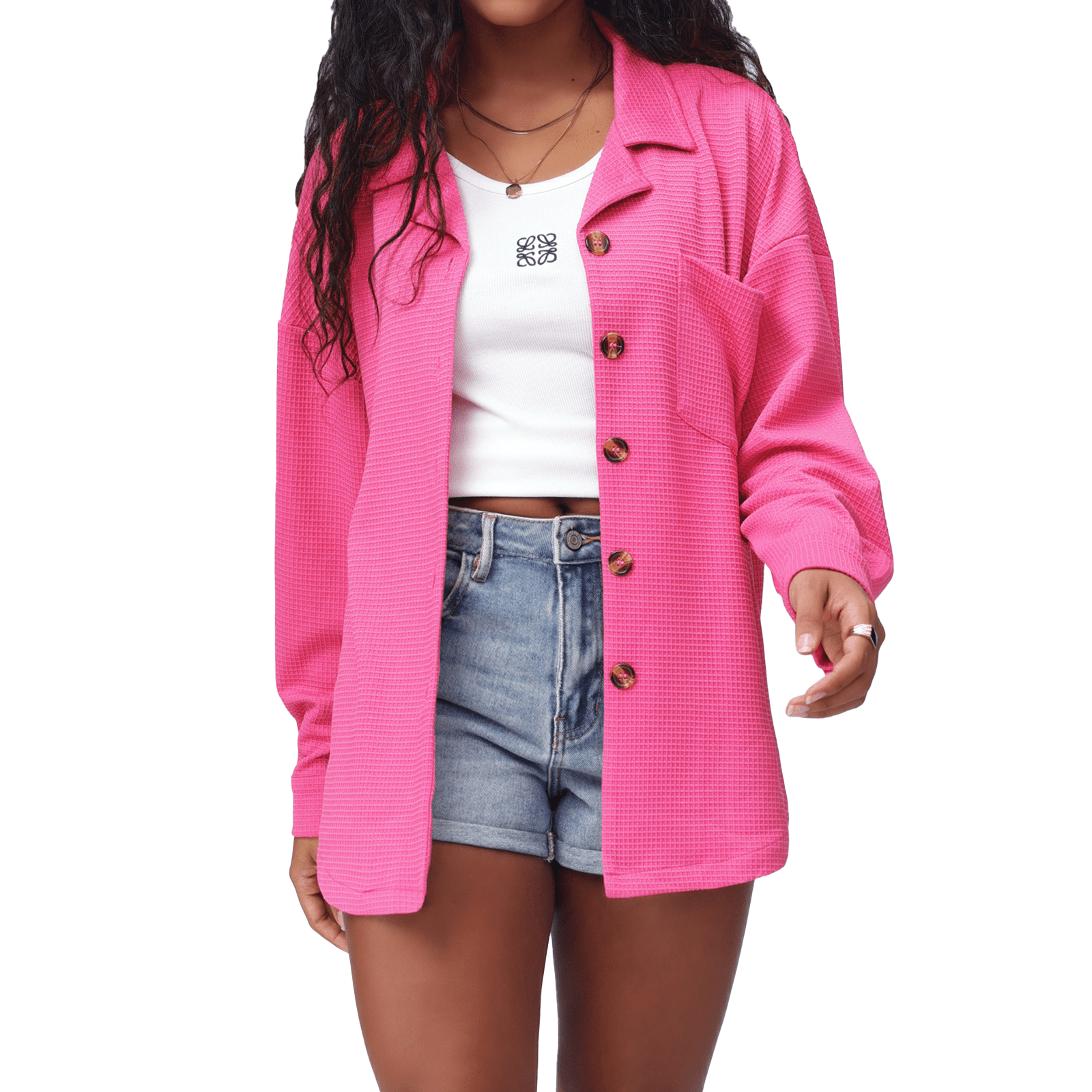 Womens Waffle Knit Shacket Jacket Oversized Casual Long Sleeve Button ...