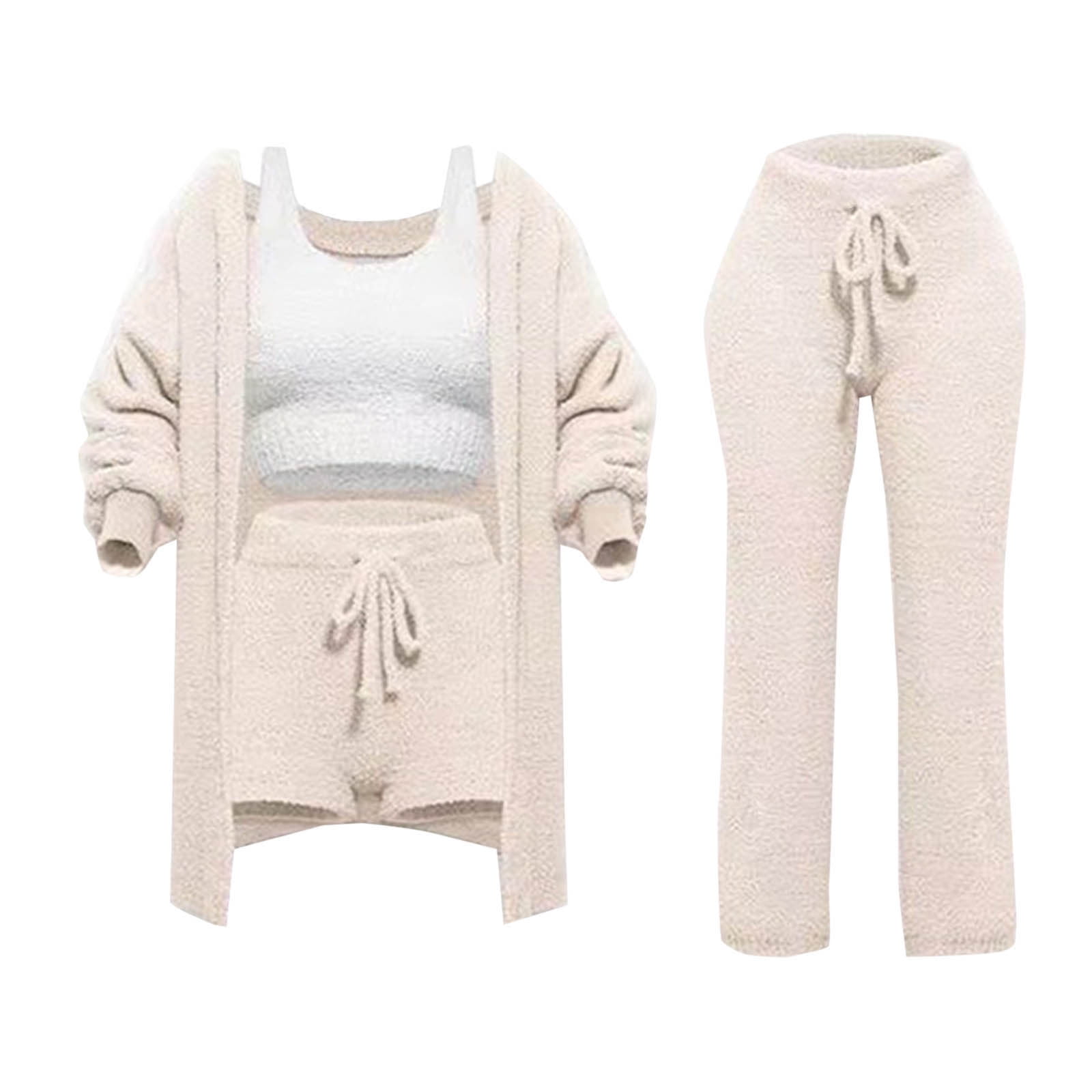 Womens Warm Fuzzy 4 Piece Outfits Fleece Warm Cardigan Vests Drawstring ...