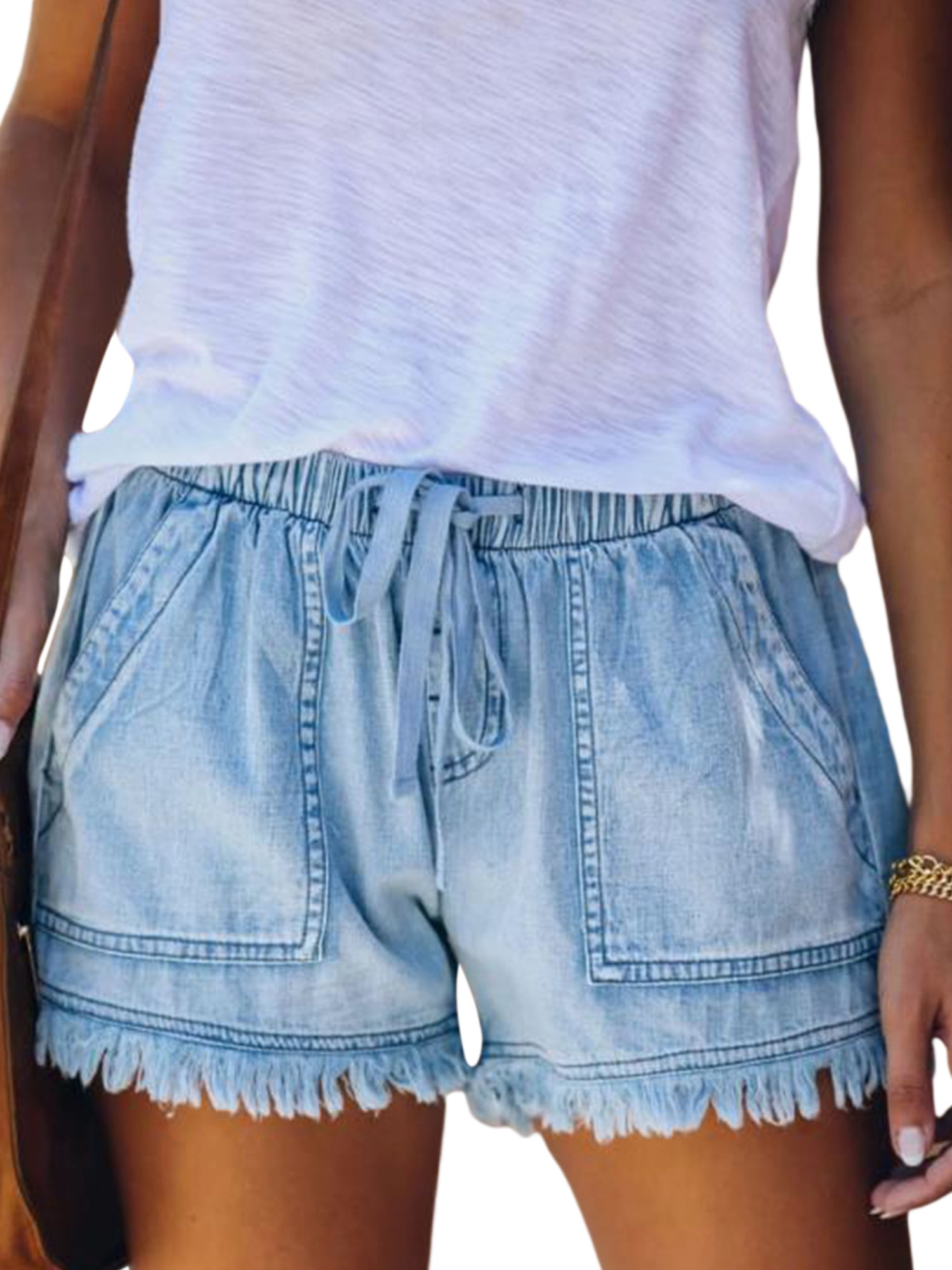 Womens Washed Denim Shorts Drawstring Elastic Waist Frayed Hem Loose ...